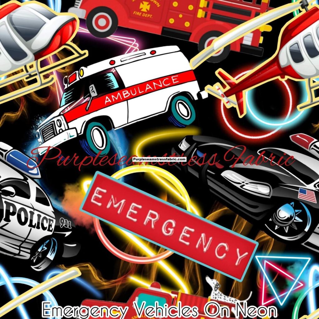 Emergency Vehicles on Neon – Fabric – Purpleseamstress Fabric