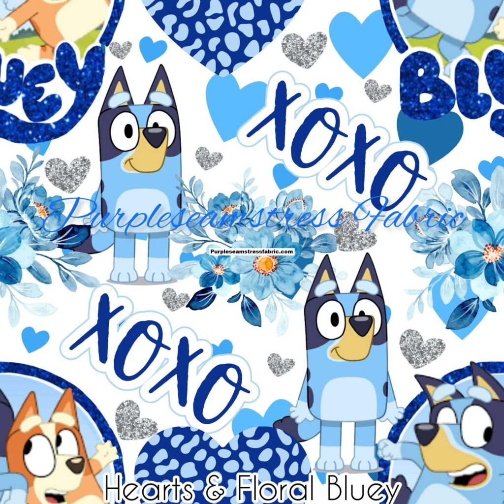 Blue Hearts & Floral Bluey – Fabric – Purpleseamstress Fabric