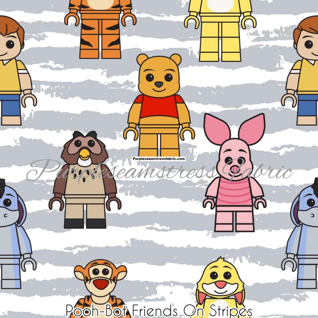 Pooh-Bot Friends On Stripes Lego – Purpleseamstress Fabric