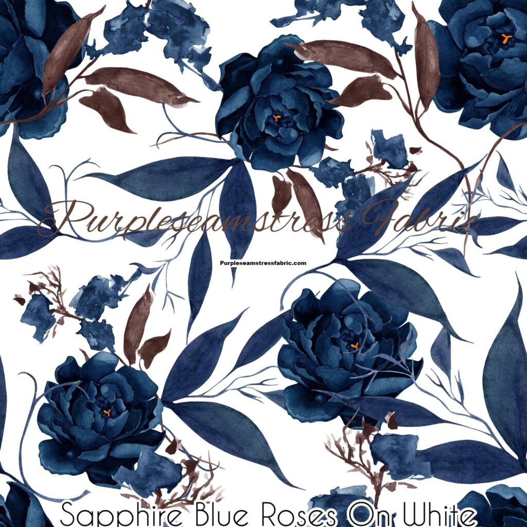 Sapphire Blue Roses On White – Purpleseamstress Fabric