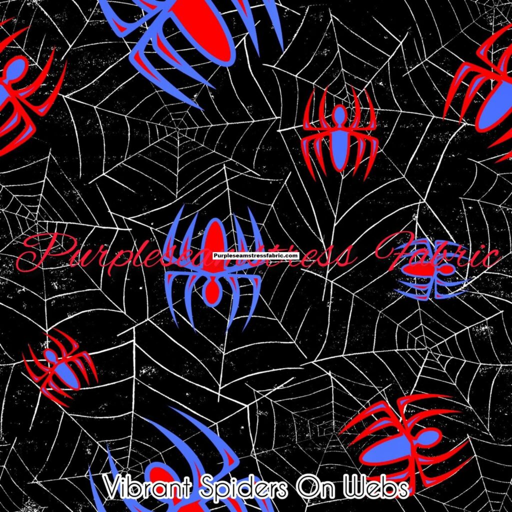 Vibrant Spiders On Webs – Fabric – Purpleseamstress Fabric