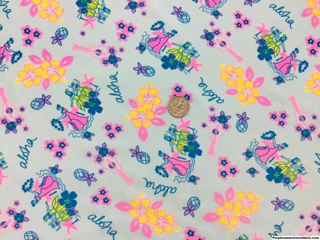 Aloha/Pineapples/Hibiscus/Hulu Dancers on Pale Blue Swimsuit – Fabric ...