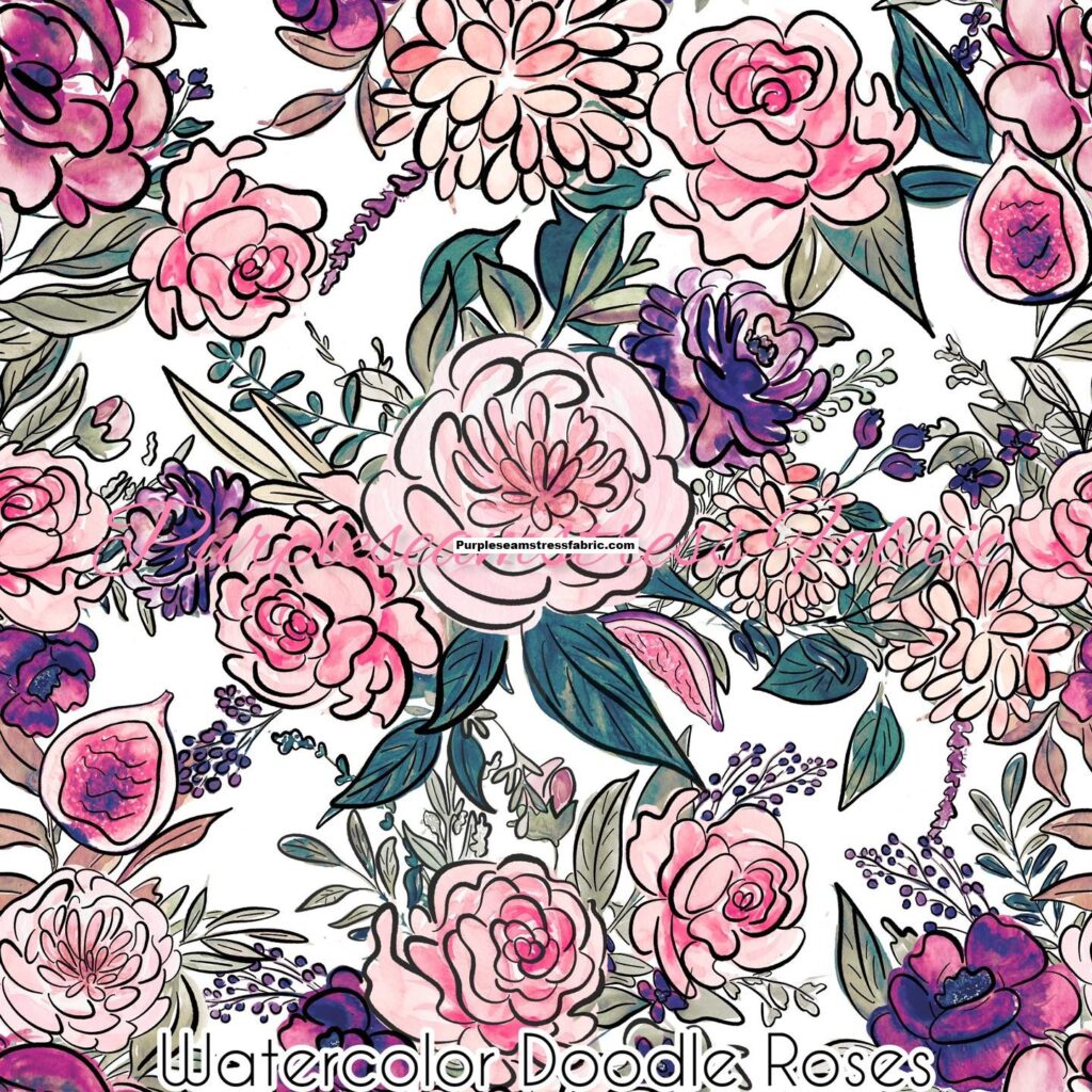 Watercolor Doodle Roses – Fabric – Purpleseamstress Fabric