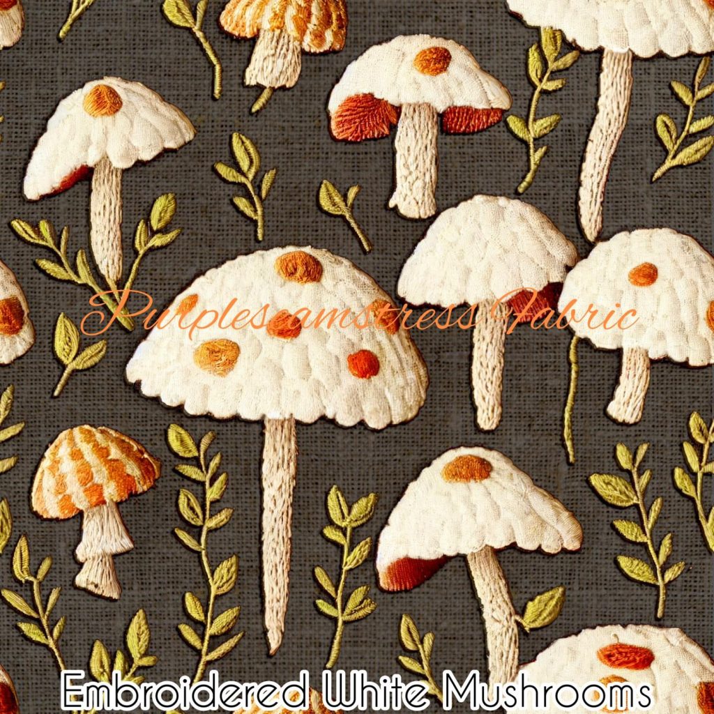 Faux Embroidered White Mushrooms – Fabric – Purpleseamstress Fabric