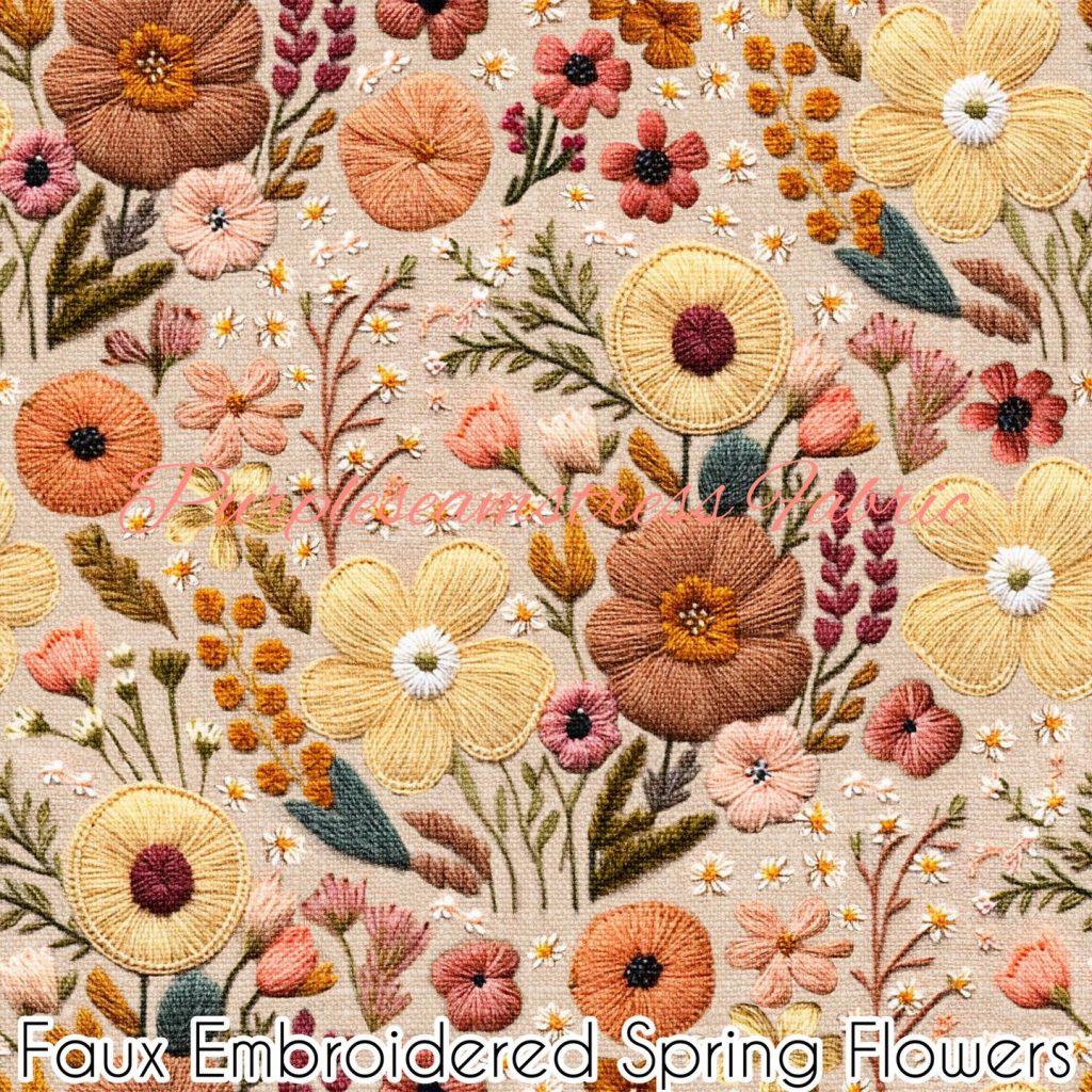 Faux Embroidered Spring Flowers – Fabric – Purpleseamstress Fabric