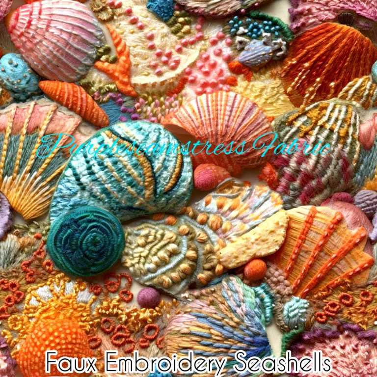 Faux Embroidery Seashells – Fabric – Purpleseamstress Fabric