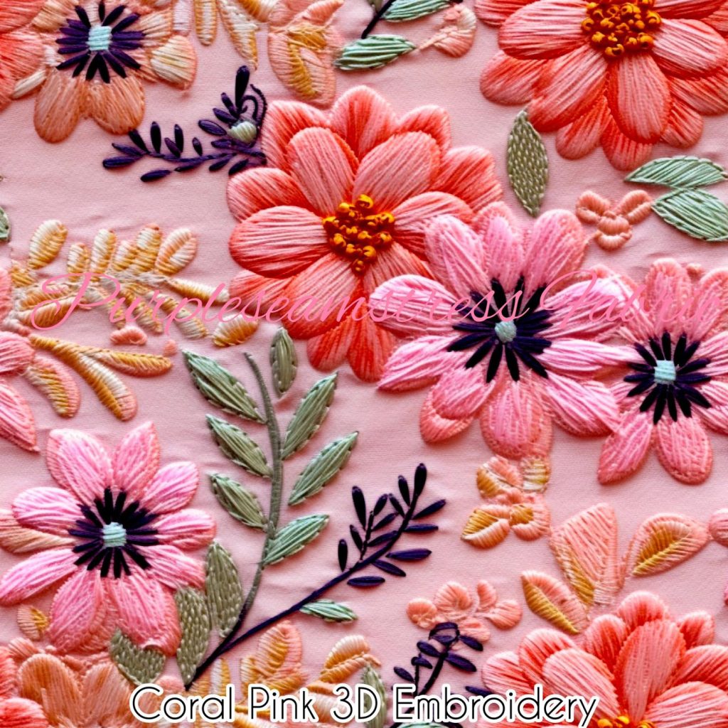 Faux Coral Pink 3D Embroidery – Fabric – Purpleseamstress Fabric
