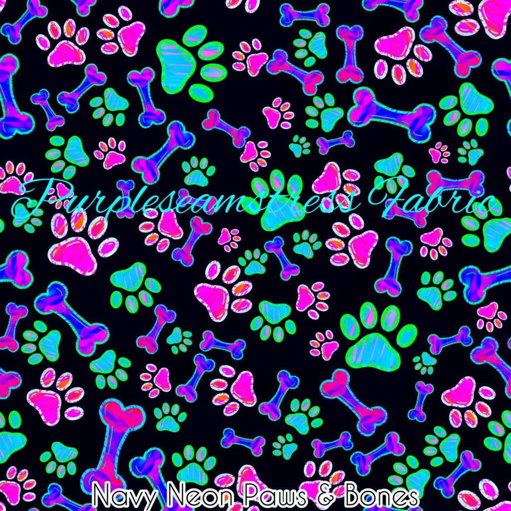 Navy Neon Paws & Bones Cotton Lycra – Purpleseamstress Fabric