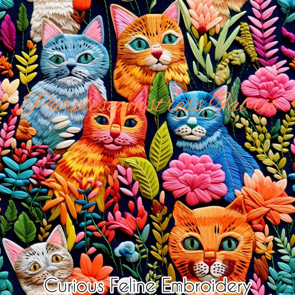 Faux Curious Feline Embroidery – Purpleseamstress Fabric