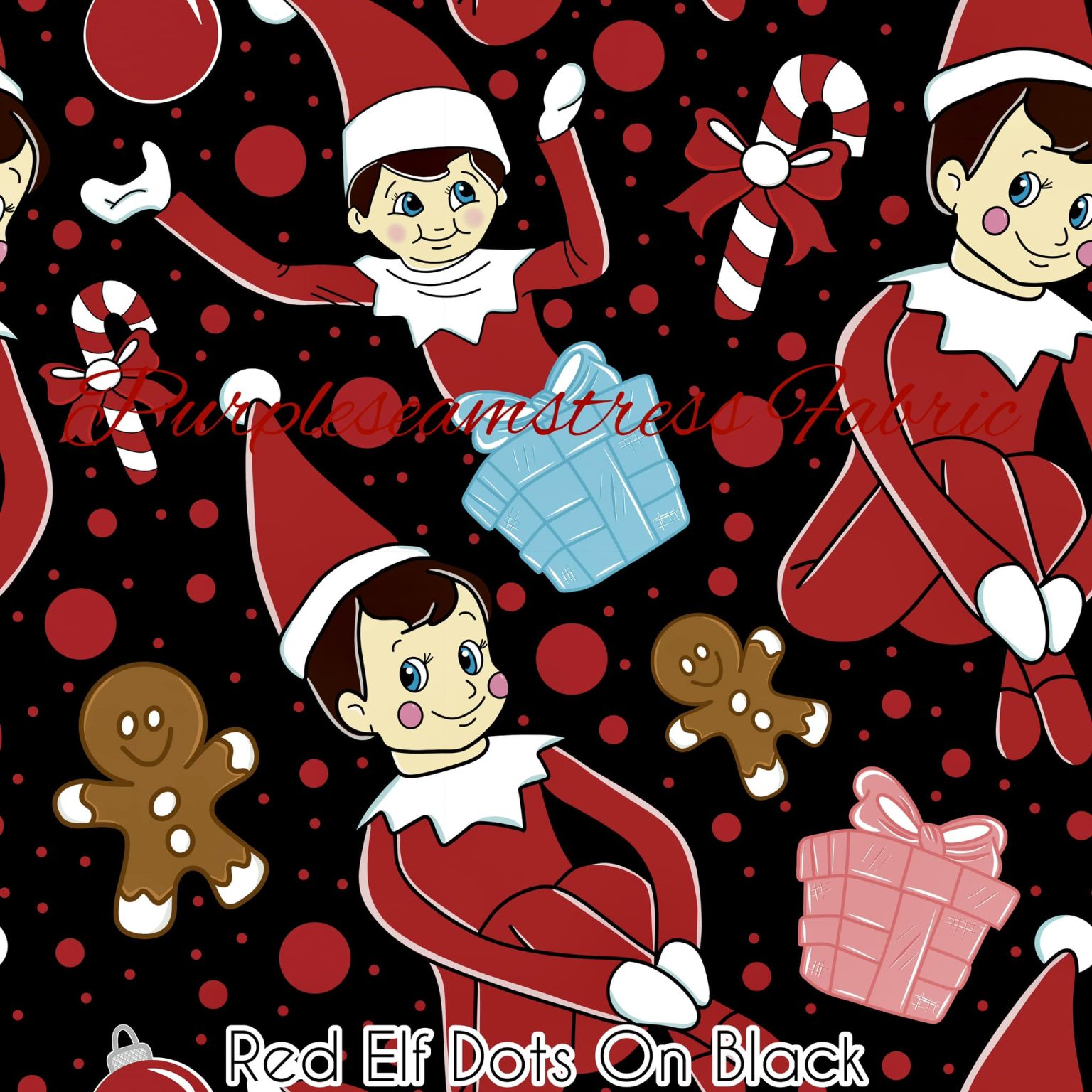 Red Elf Dots on Black – Fabric – Purpleseamstress Fabric
