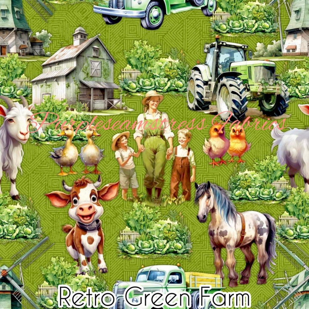 Green Retro Farm – Fabric – Purpleseamstress Fabric
