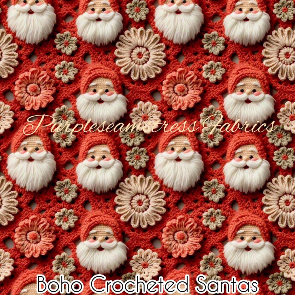 Boho Crocheted Santas – Fabric – Purpleseamstress Fabric