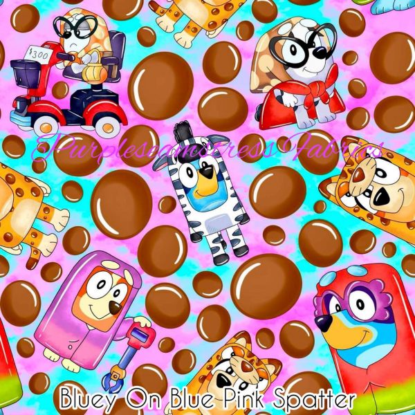 Bluey on Pink Blue Splatter – Purpleseamstress Fabric