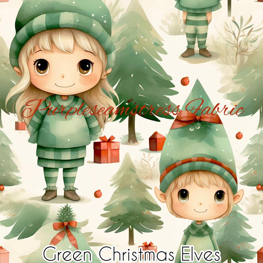 Green Christmas Elves – Fabric – Purpleseamstress Fabric