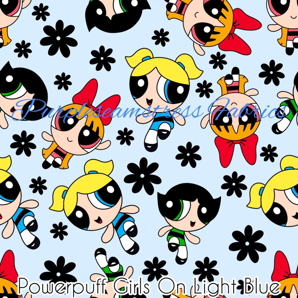 Powerpuff Girls on Light Blue – Fabric – Purpleseamstress Fabric
