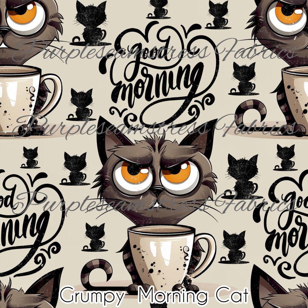 Grumpy Morning Cat – Fabric – Purpleseamstress Fabric