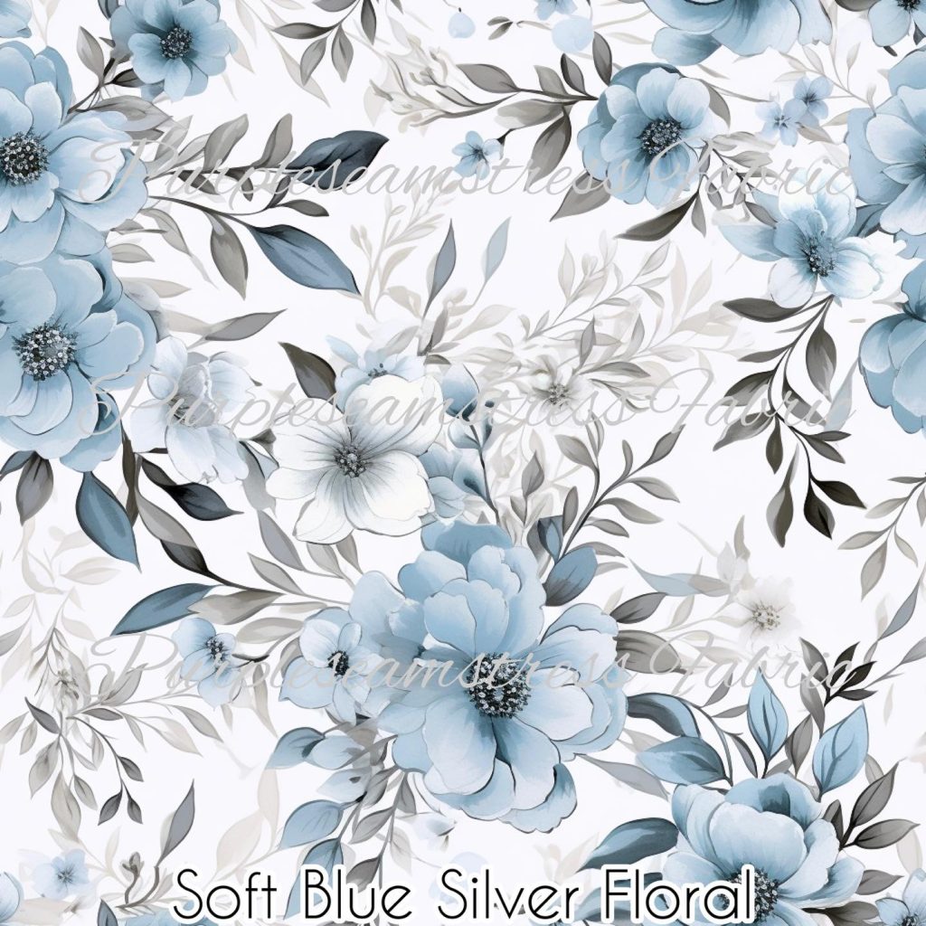 Soft Blue Silver Floral – Fabric – Purpleseamstress Fabric