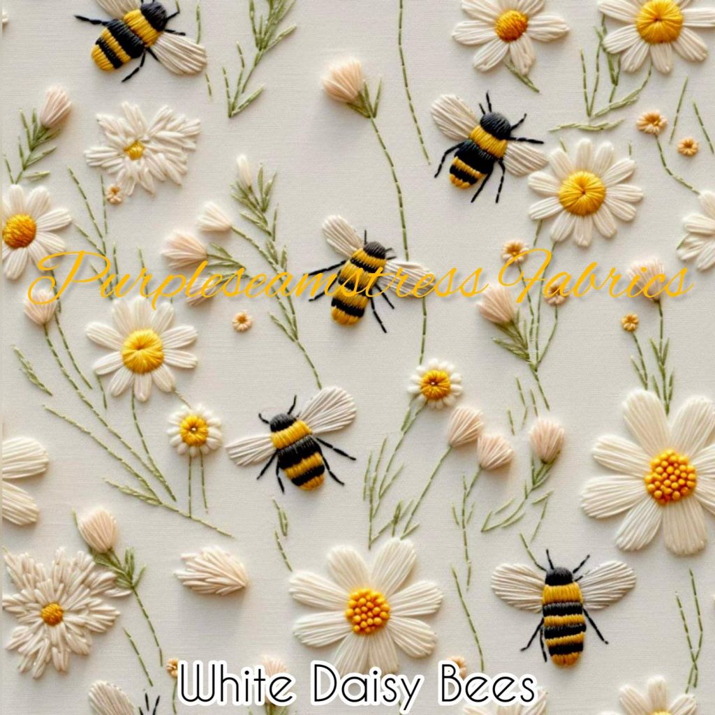 White Daisy Bees – Fabric – Purpleseamstress Fabric