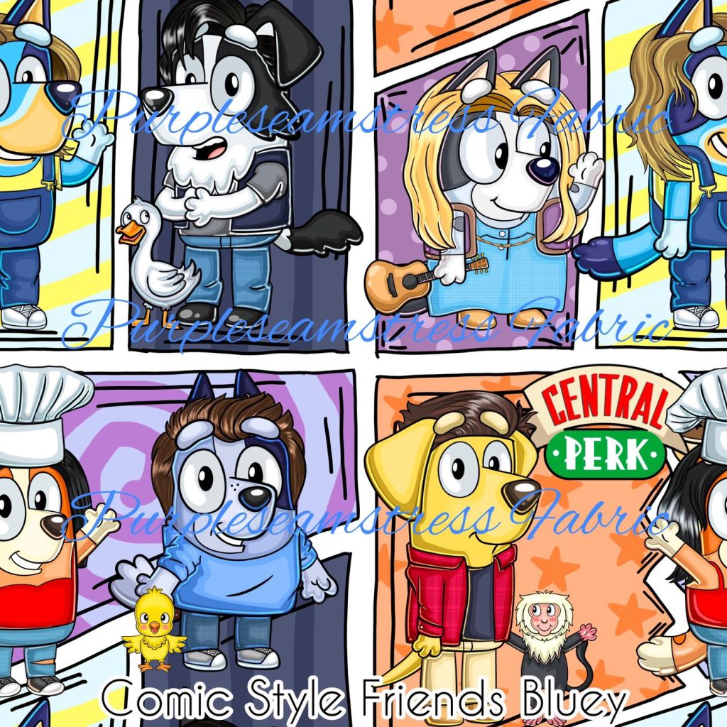 Comic Style Friends Bluey – Fabric – Purpleseamstress Fabric