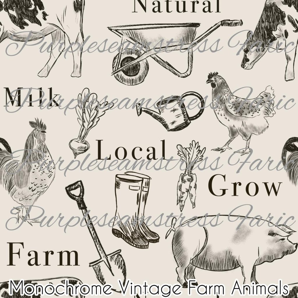 Monochrome Vintage Farm Animals – Fabric – Purpleseamstress Fabric