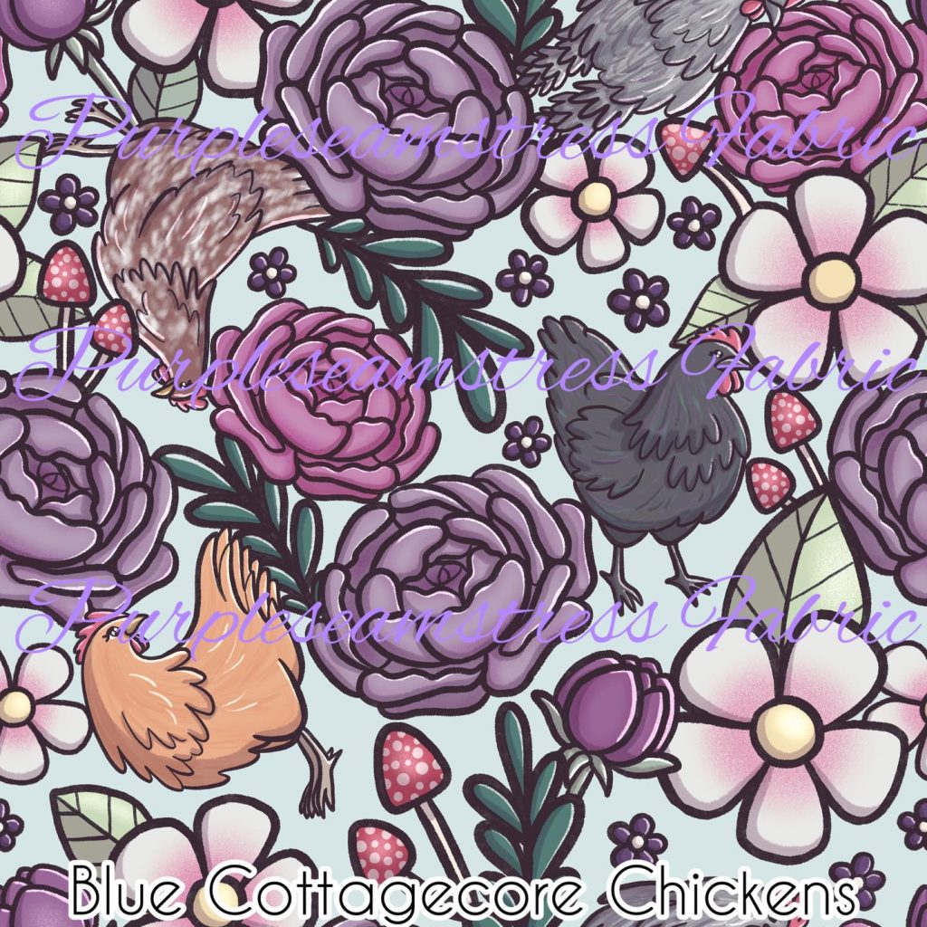 Blue Cottagecore Chickens – Fabric – Purpleseamstress Fabric
