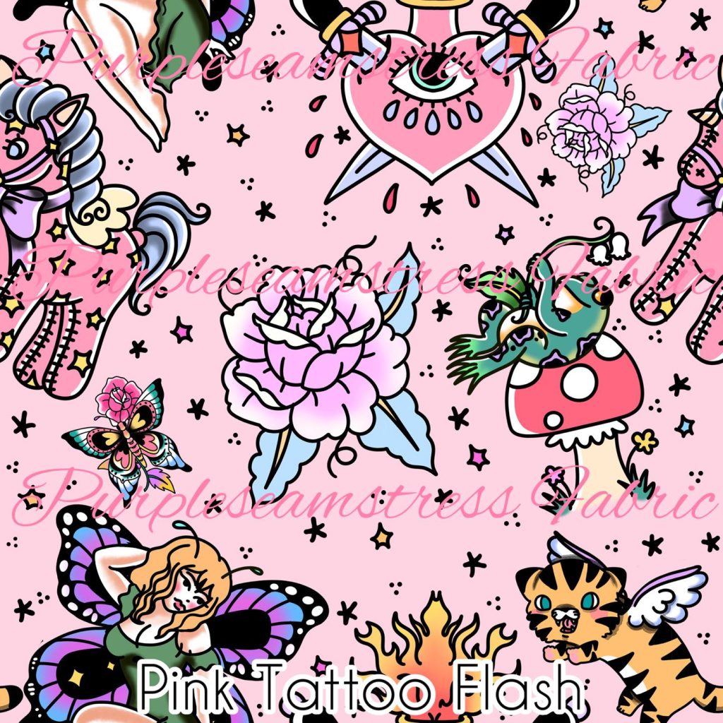 Pink Tattoo Flash – Fabric – Purpleseamstress Fabric