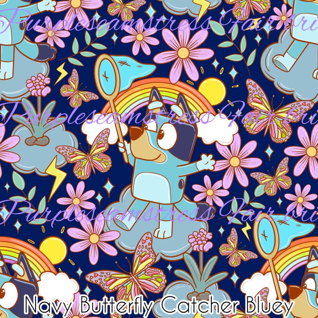 Navy Butterfly Catcher Bluey – Fabric – Purpleseamstress Fabric