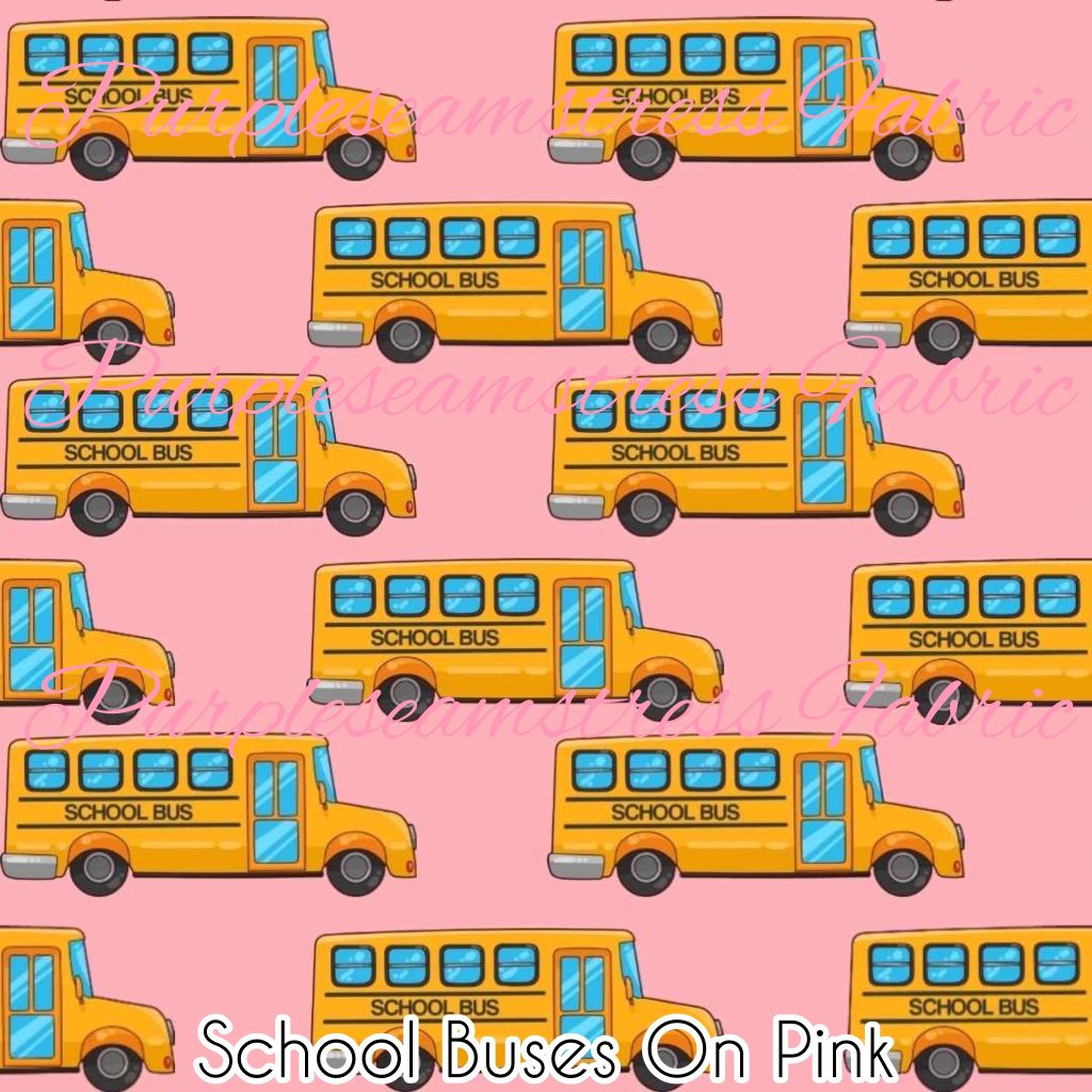 School Buses on Pink – Purpleseamstress Fabric