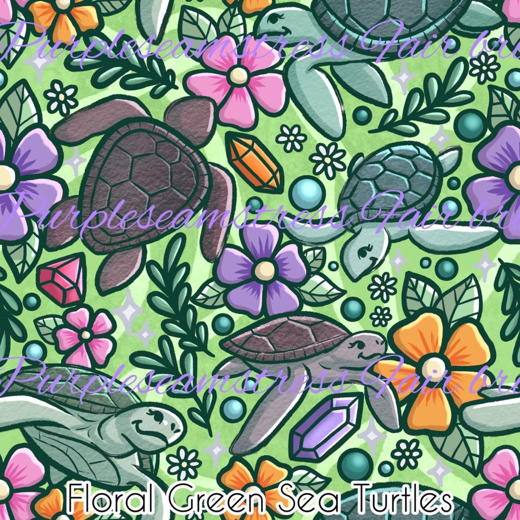 Floral Green Sea Turtles – Fabric – Purpleseamstress Fabric