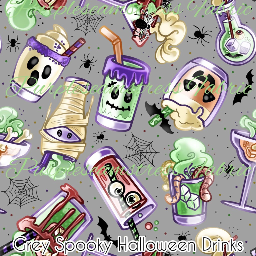 Grey Spooky Halloween Drinks – Fabric – Purpleseamstress Fabric