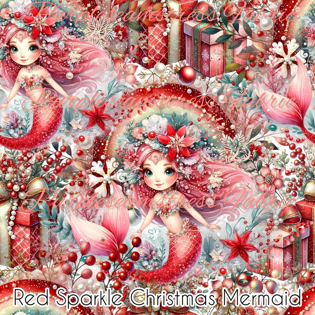 Red Sparkle Christmas Mermaids – Fabric – Purpleseamstress Fabric