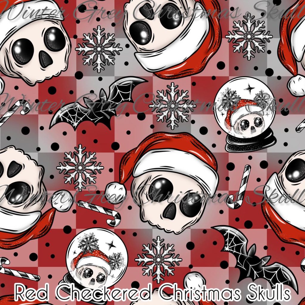 Red Checkered Christmas Skulls – Fabric – Purpleseamstress Fabric