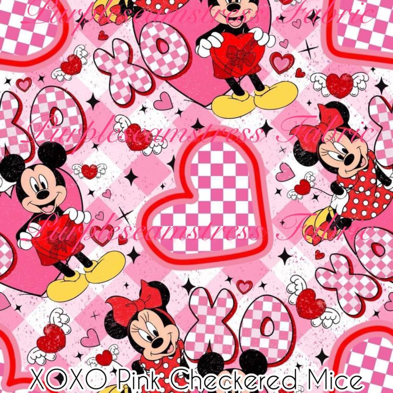 XOXO Pink Checkered Mice – Fabric – Purpleseamstress Fabric