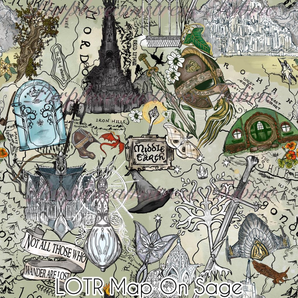 LOTR Map on Sage – Fabric – Purpleseamstress Fabric