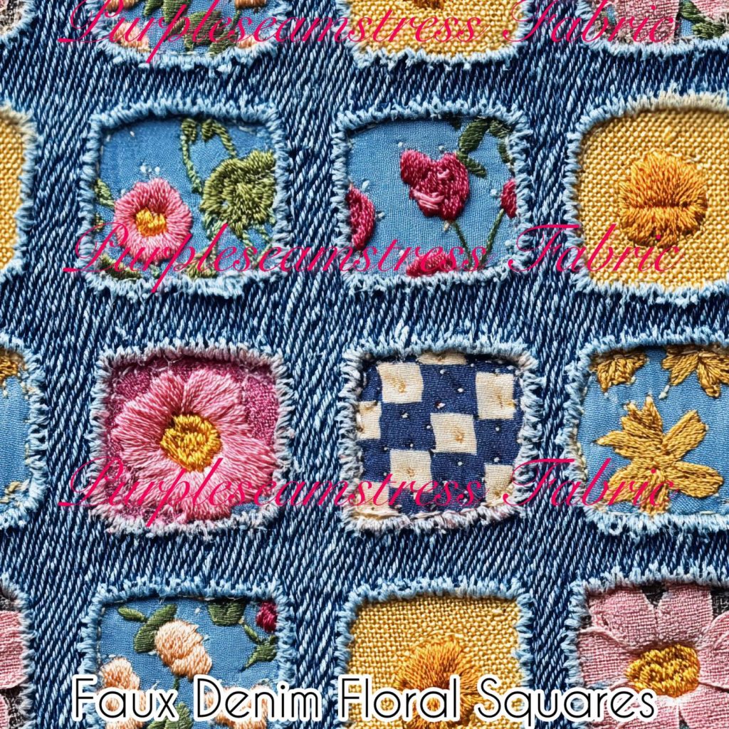 Faux Denim Floral Squares – Fabric – Purpleseamstress Fabric