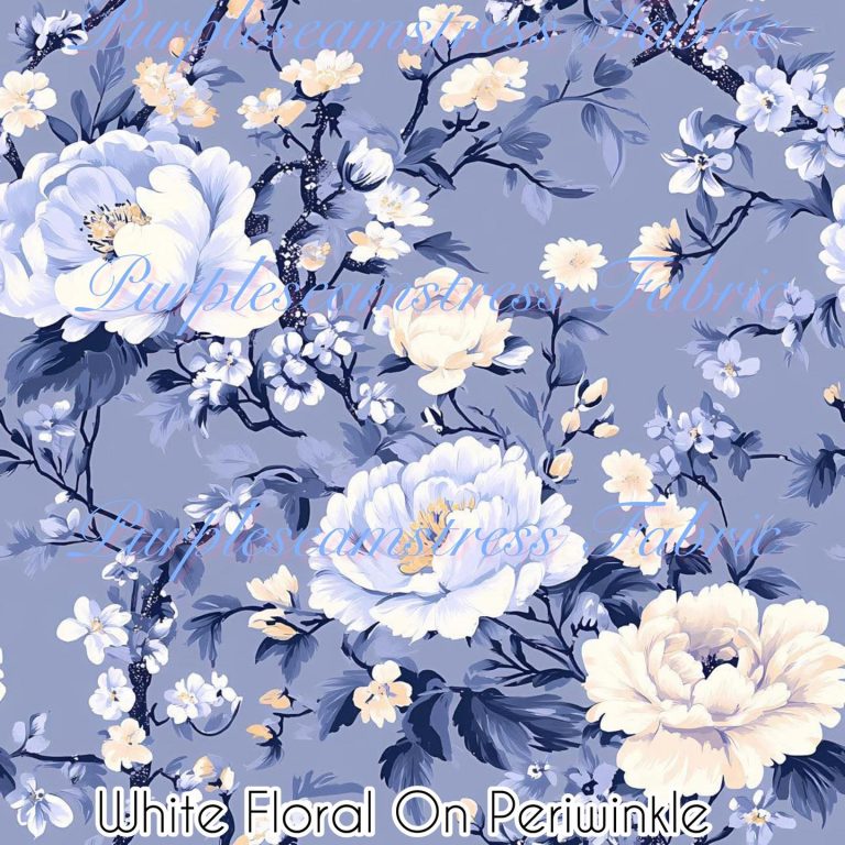 White Floral On Periwinkle – Fabric – Purpleseamstress Fabric