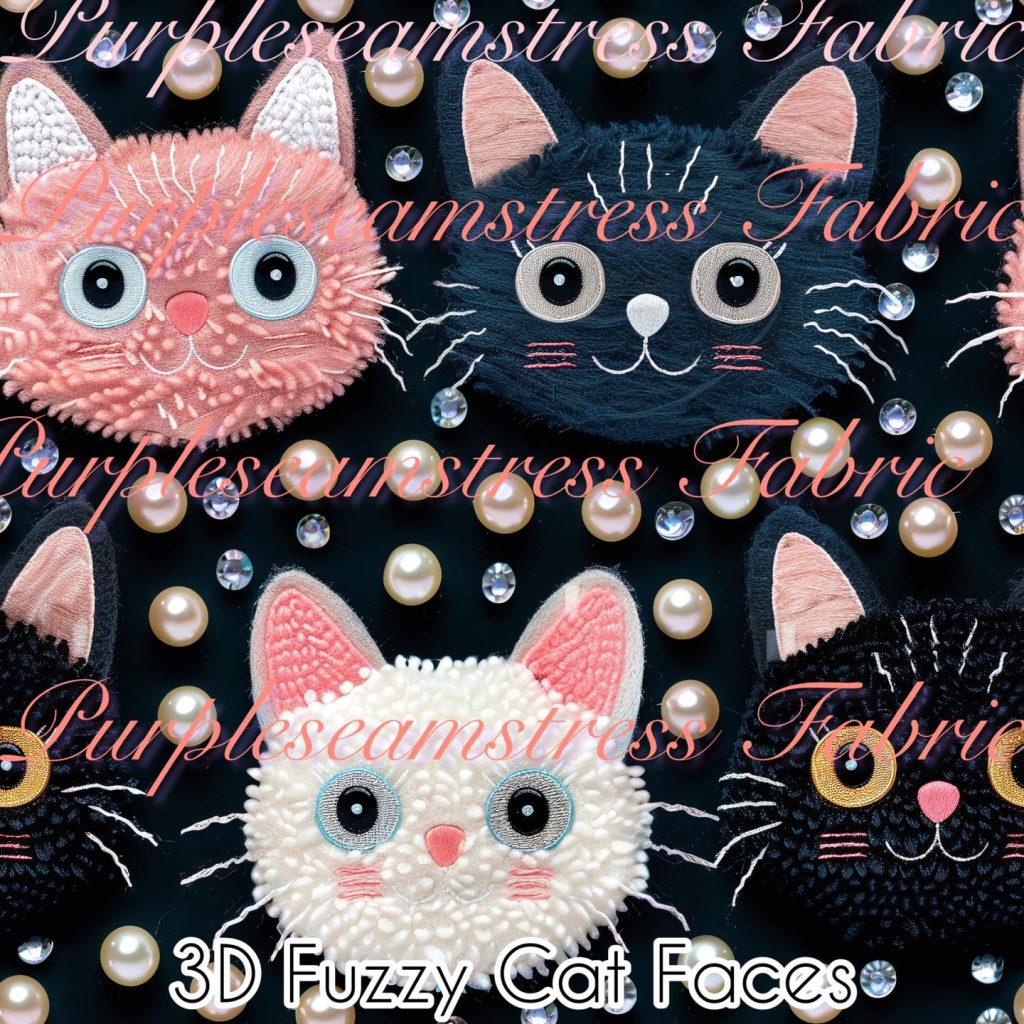3D Fuzzy Cat Faces – Fabric – Purpleseamstress Fabric